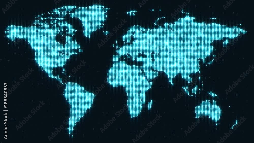 Digital blue world map in flickering dots. Motion graphics background ...