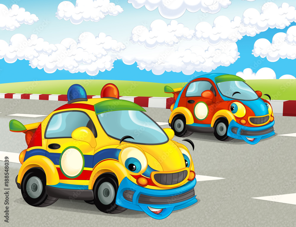 cartoon funny and happy looking racing cars on race track ...