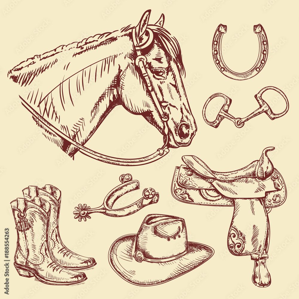 Western Riding Tack - Hand drawn pen and ink style illustration set ...