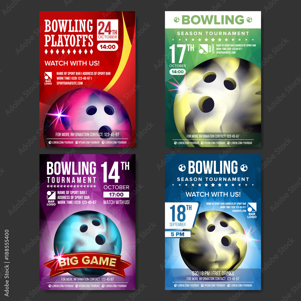 Bowling Poster Set Vector. Design For Sport Bar Promotion. Bowling Ball ...