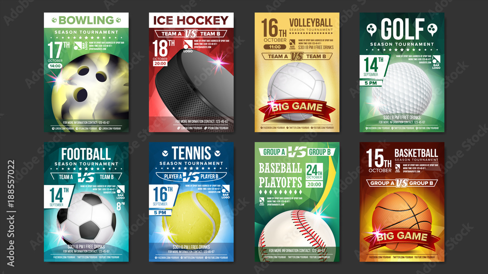 Sport Posters Set Vector. Golf, Baseball, Ice Hockey, Bowling ...