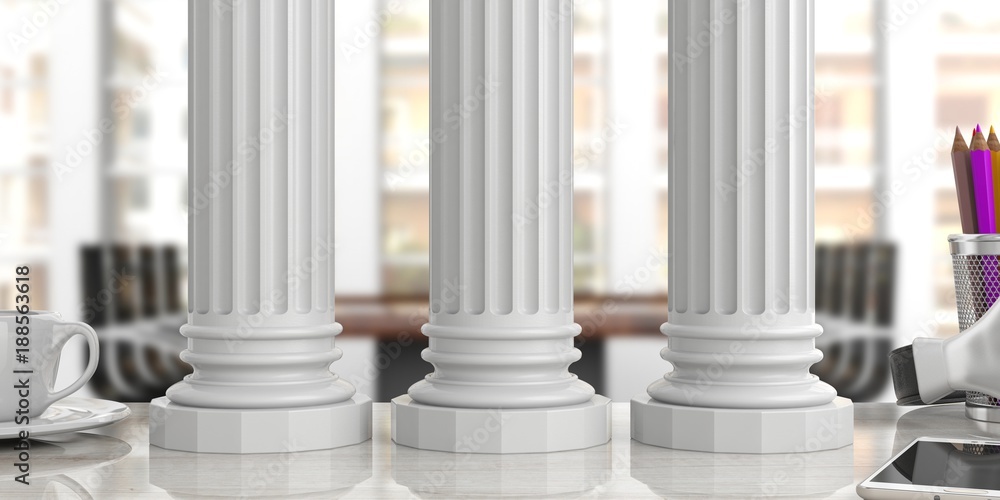 Three classical pillars on an office desk, blur background. 3d ...