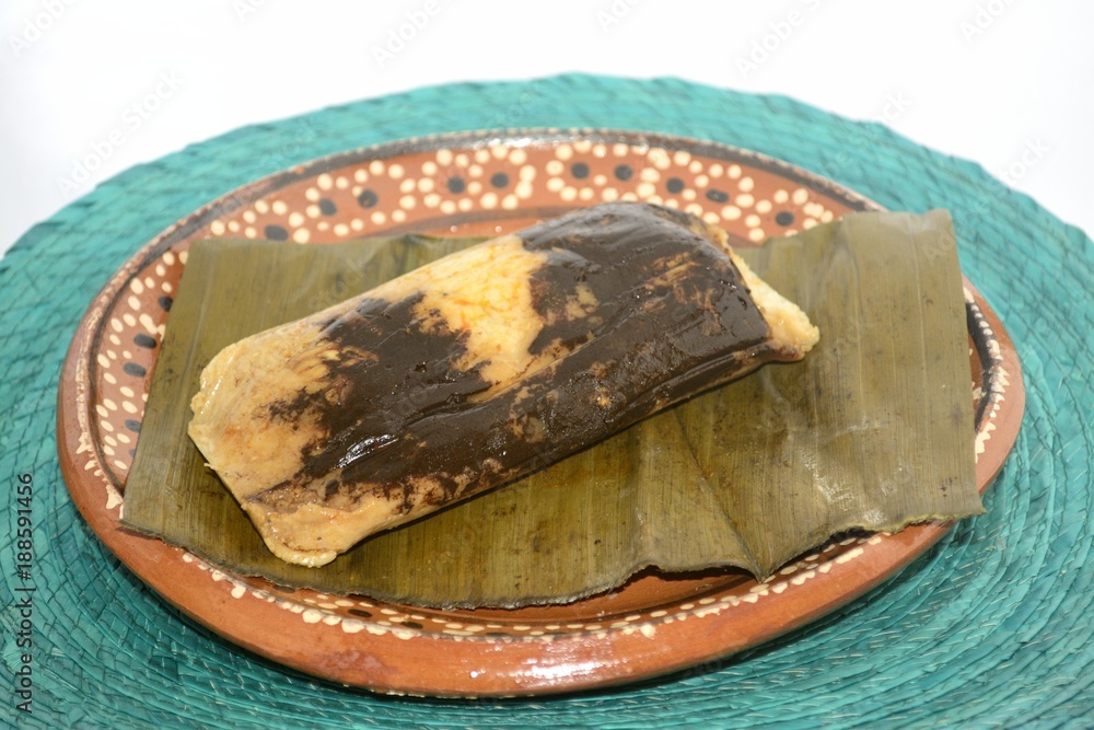 Mexican tamal from Oaxaca state made of chicken and mole sauce for ...