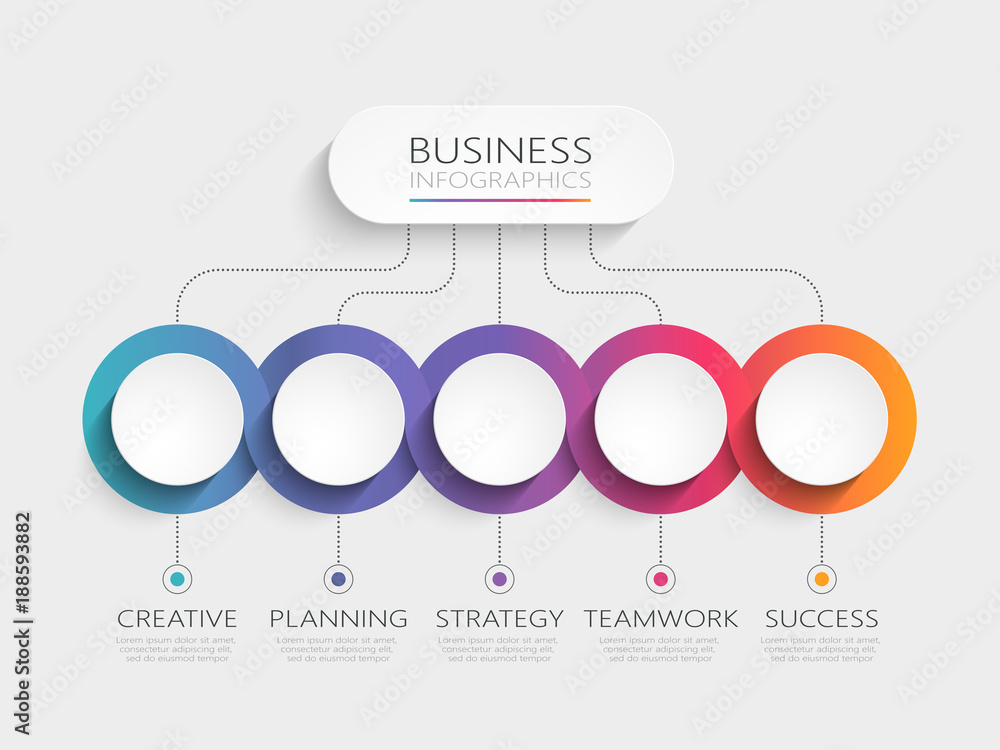 Modern 3D infographic template with 5 steps. Business circle template with options for brochure ...