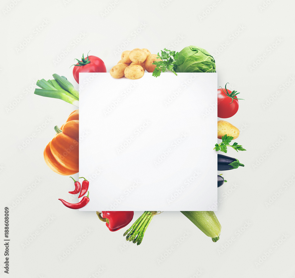 Organic fresh food background and white paper. Food illustration ...