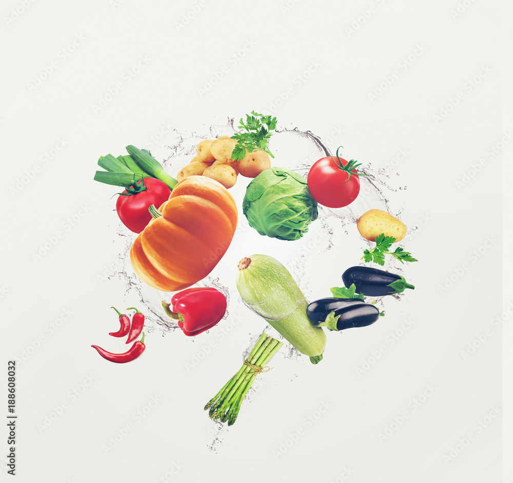 Flying organic food with water splash. Food illustration different ...
