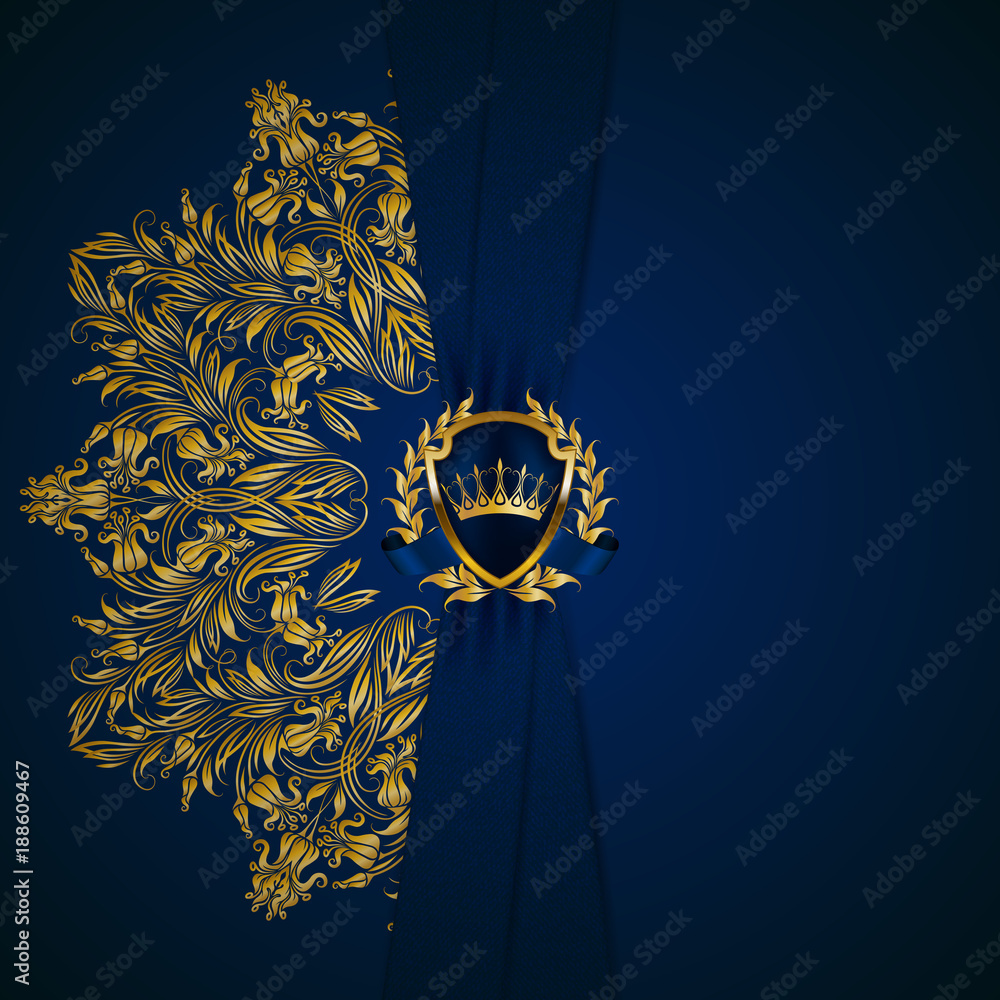 Royal background with ornament, shield, gold crown, ribbon, blazon ...