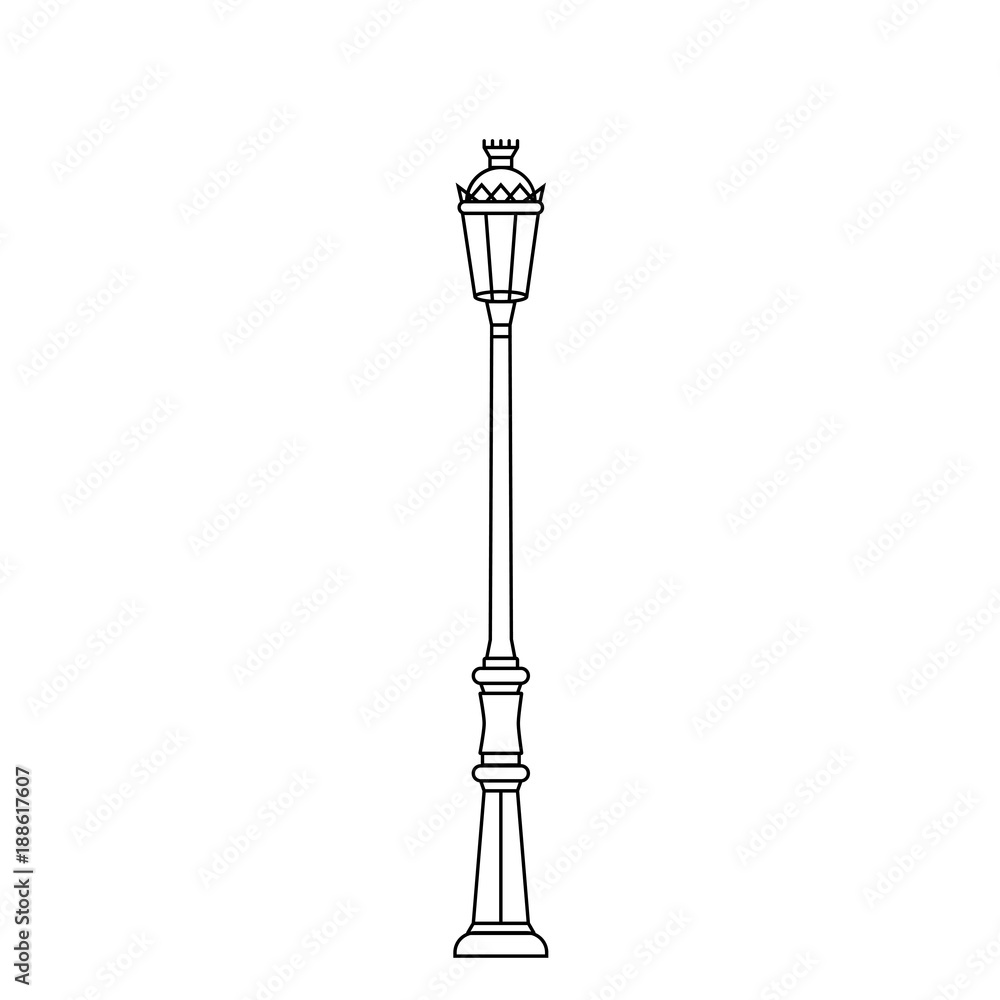 Classic street light, pole, standard in flat line design on isolated ...