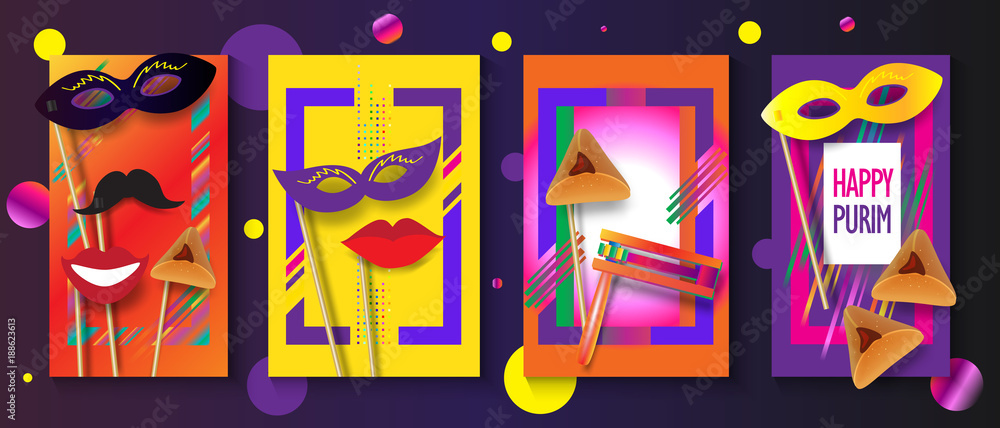 Purim Festival celebration concept greeting posters, frames, flyers set ...