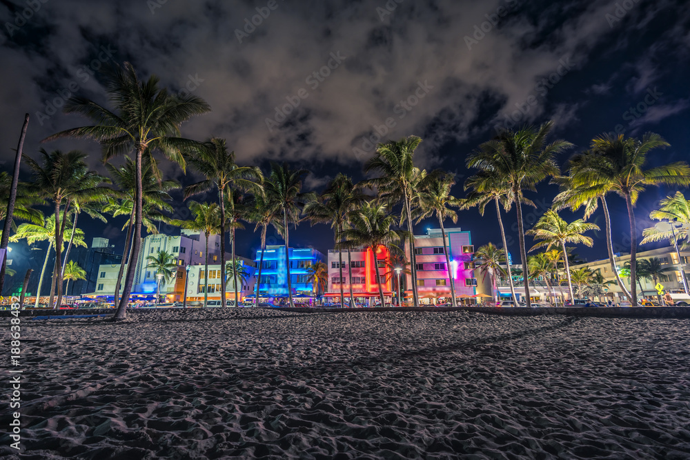 Ocean Drive street with illuminated buildings in Miami, Florida Stock ...