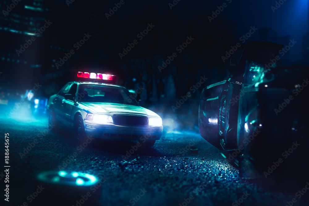 Police car arriving near a car crash / scale model scene Stock Photo ...