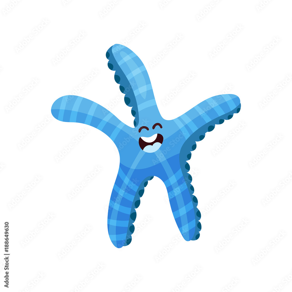 Cute blue cartoon starfish character, invertebrate sea animal cartoon ...