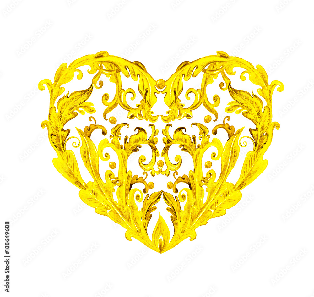 gold baroque floral heart for your design. watercolor painting. Stock ...