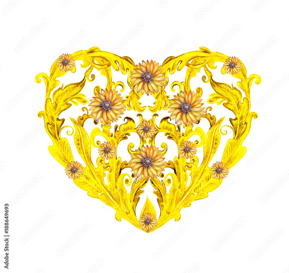 gold baroque floral heart with yellow flowers for your design ...