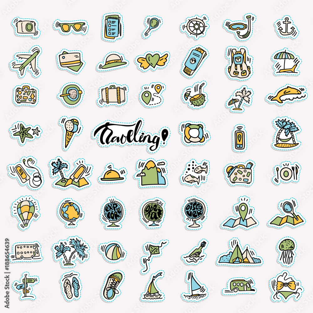 Travel hand draw icons. Icon lined cartoon collection about adventure ...