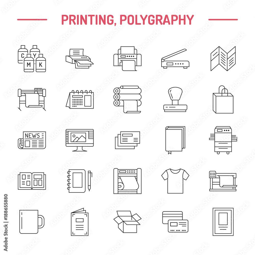 Printing house flat line icons. Print shop equipment - printer, scanner ...