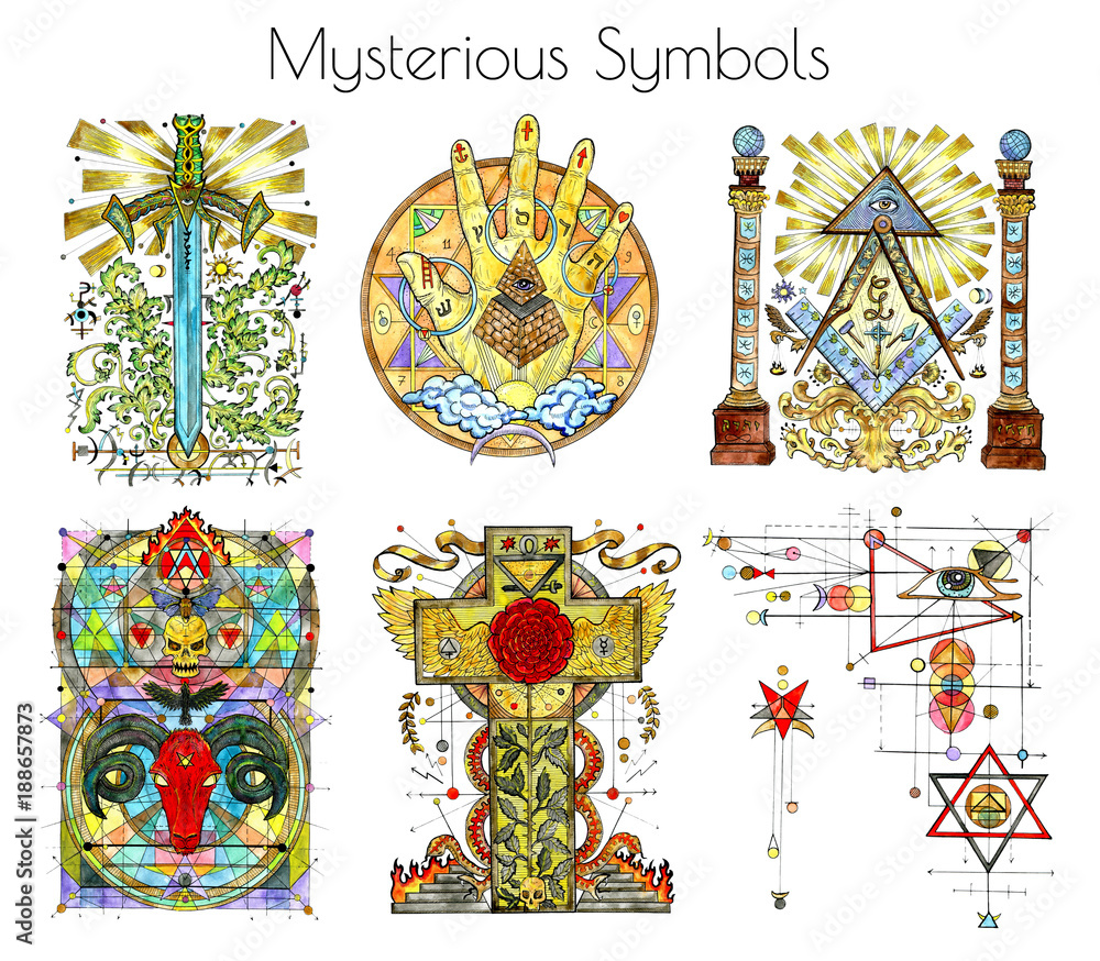 Design set with watercolor illustrations of mysterious and religious ...