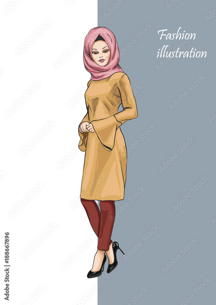 Beautiful young woman in hijab. Stylish traditional clothes. Fashion ...