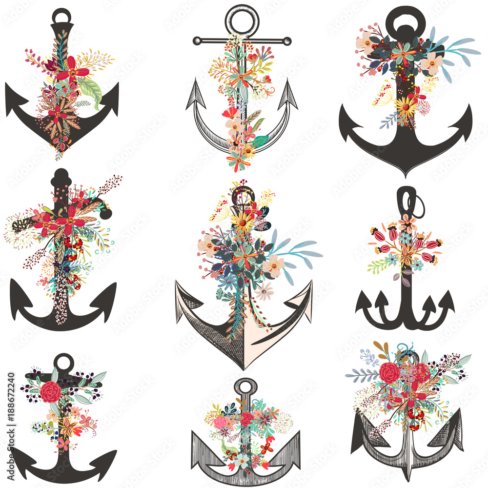 Collection of beautiful anchors decorated by flowers Stock Vector ...