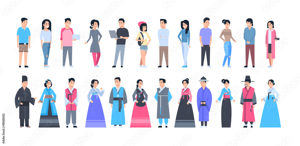 Set Of Asian People Wearing Traditional Costumes And Modern Clothes ...