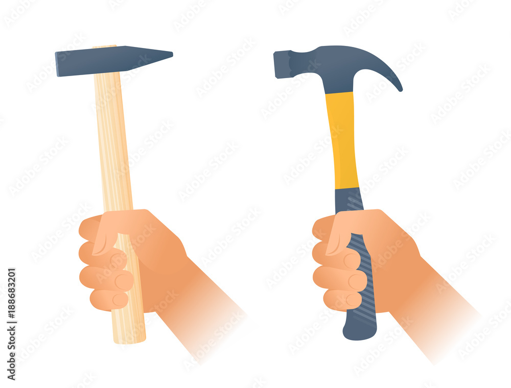 Human hands hold a hummers with wood and plastic handles. Flat ...