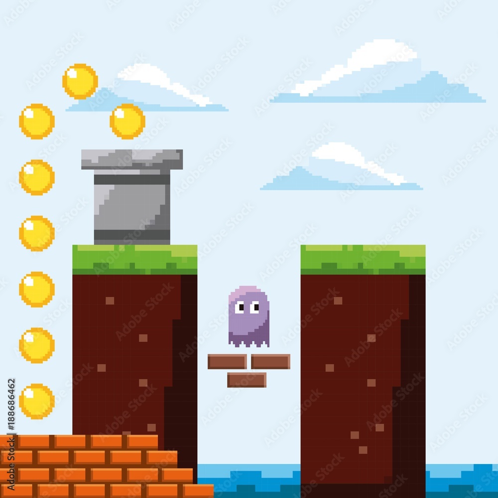 pixel game arcade scene ghost gold coins prize vector illustration ...