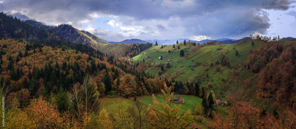 beautiful Romanian nature landscape with autumn hills, forest, small ...
