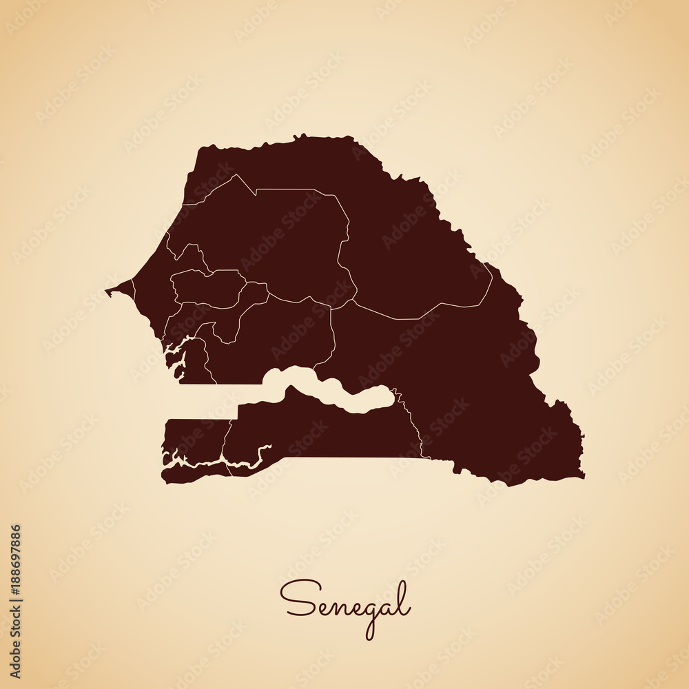 Senegal region map: retro style brown outline on old paper background ...