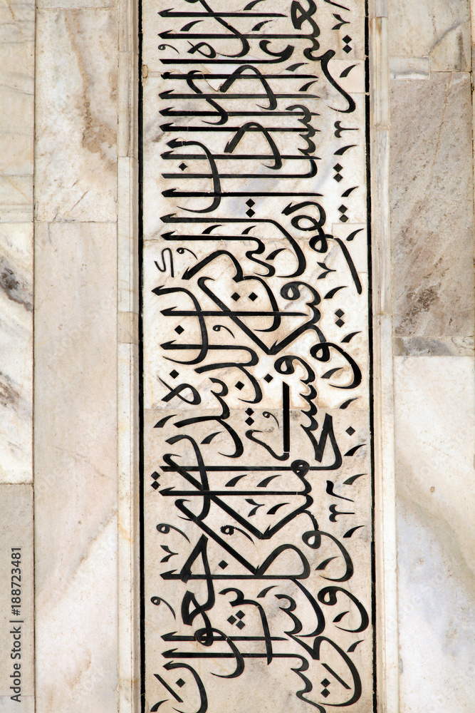 Calligraphy designs on the walls of Taj Mahal, Agra, India Stock Photo ...