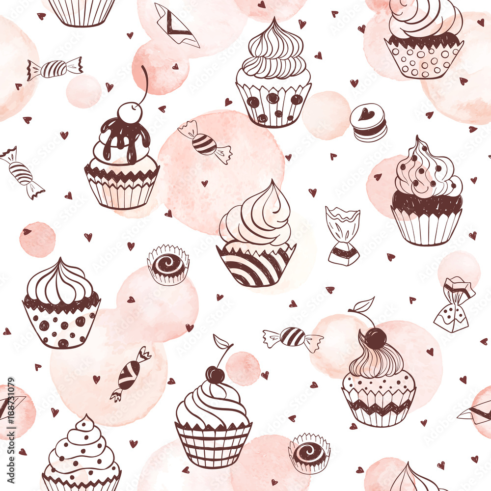 Cupcakes seamless pattern with watercolor hearts on white background. Sweets background design ...
