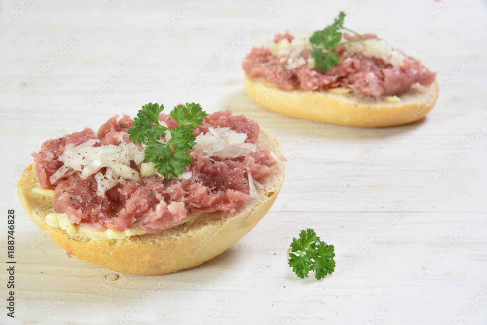 minced pork sausage, in germany called zwiebelmettwurst with onions and ...