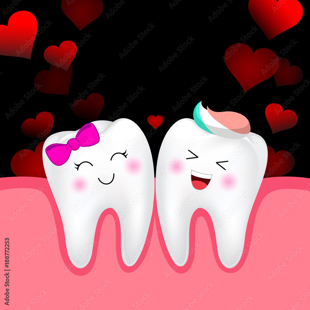 Cute cartoon tooth character, boy and girl in love. Happy Valentine's ...