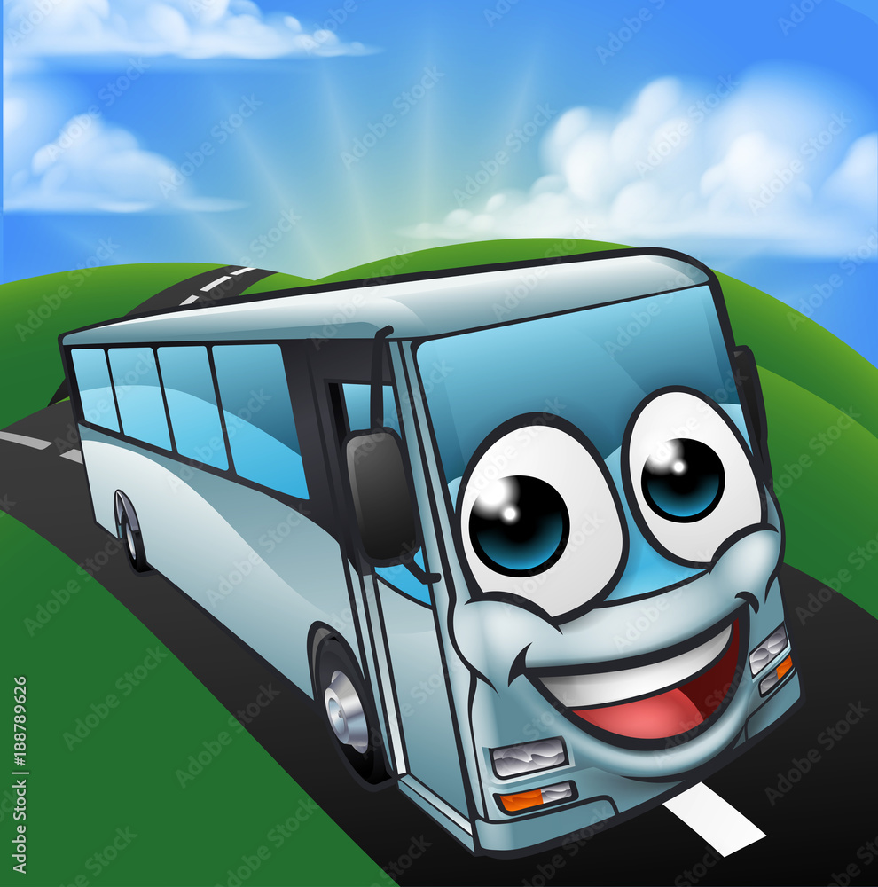 Coach Bus Cartoon Character Mascot Scene Stock Vector | Adobe Stock
