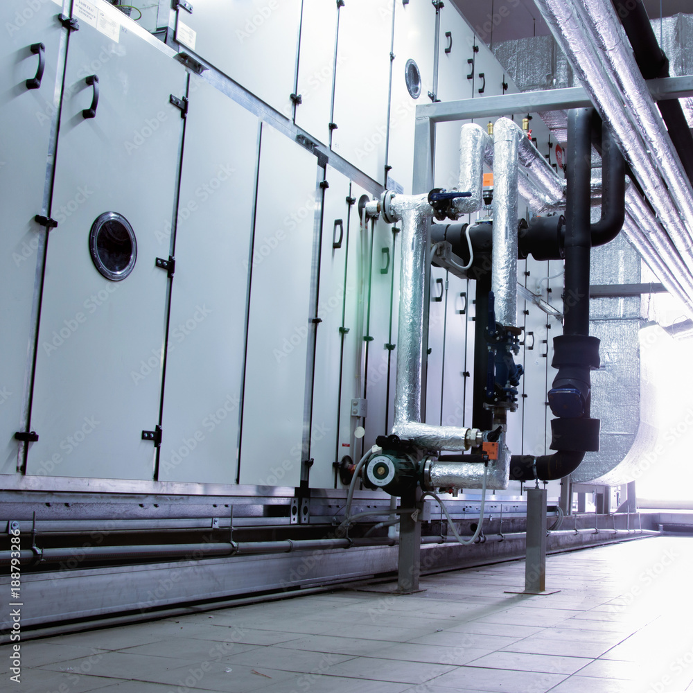 Side view of the huge gray industrial air handling unit in the ...