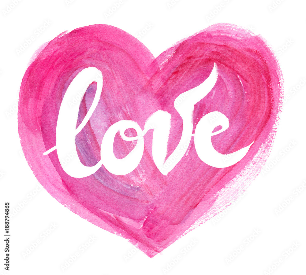 Big pink heart with a word "love" hand written across it in white ink ...