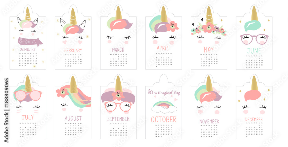 Cute Unicorn Calendar. Hand drawn kids doodle in vector Stock Vector ...
