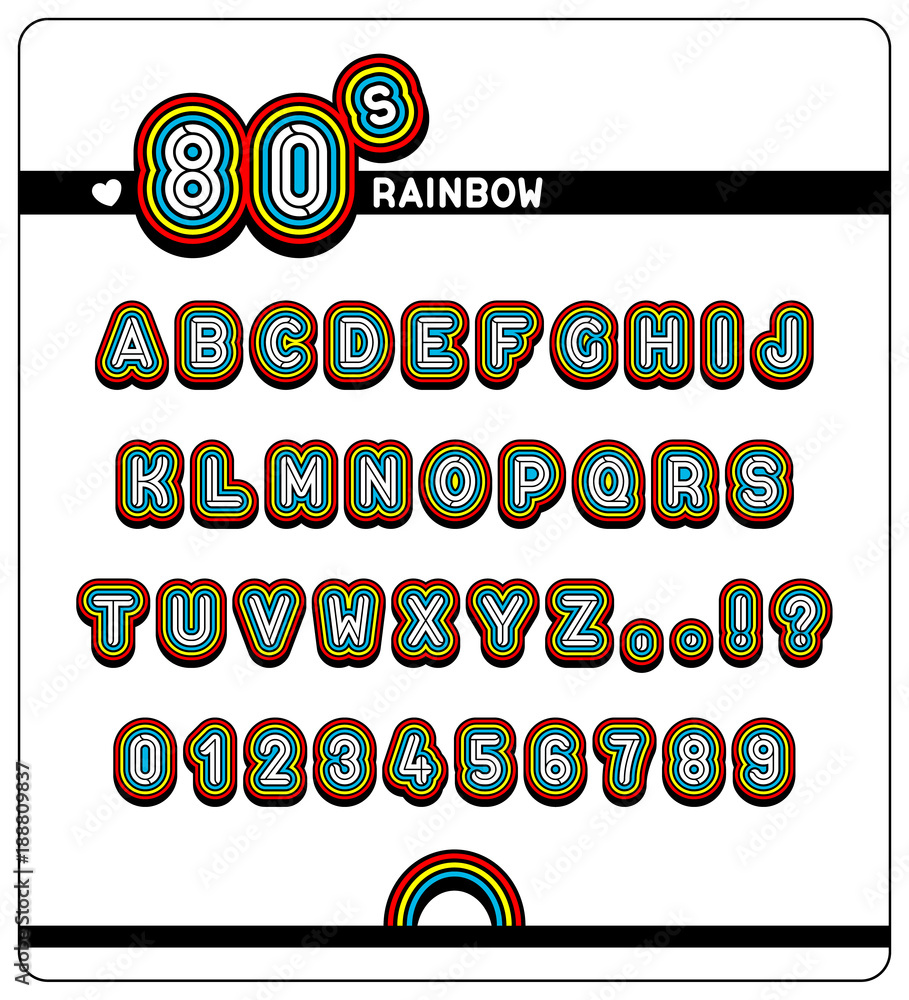 Complete alphabet and numbers in 80s Rainbow Font Stock Vector | Adobe ...
