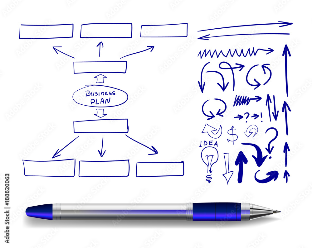 Hand drawn business plan scheme with different elements and realistic ...