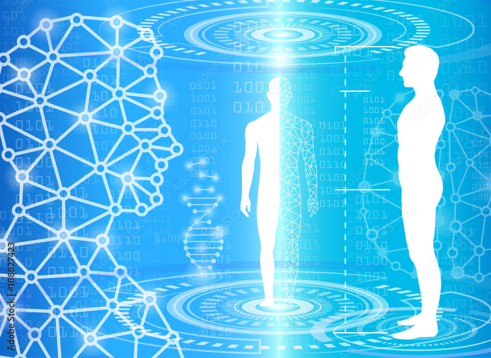 abstract background technology concept in blue light,brain and human ...