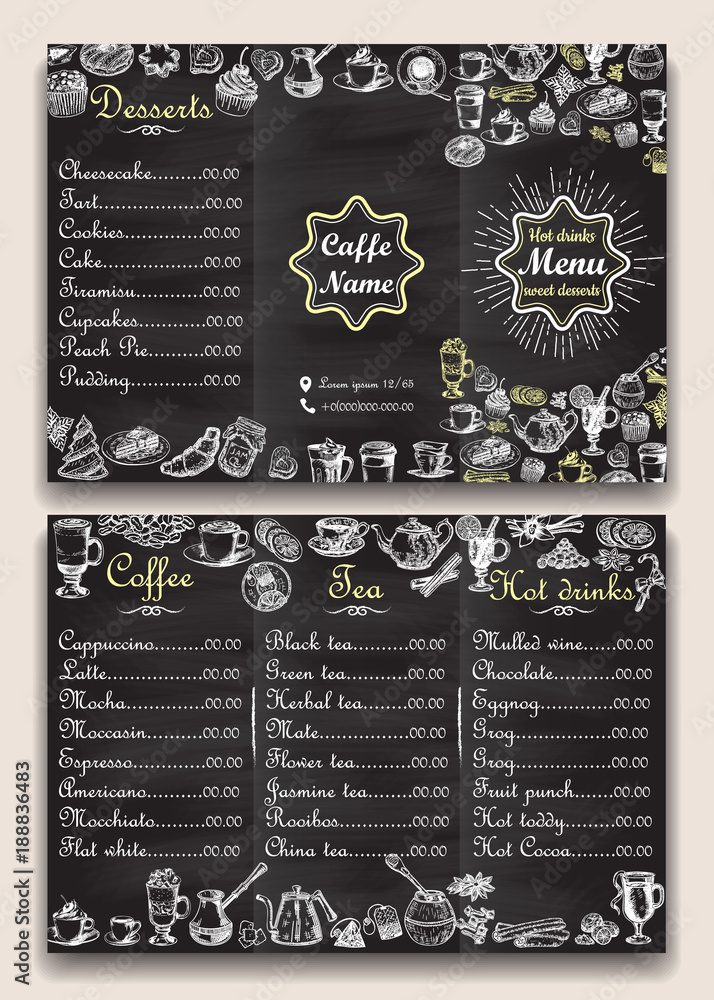 Restaurant hot drinks menu design with chalkboard background. Vector ...