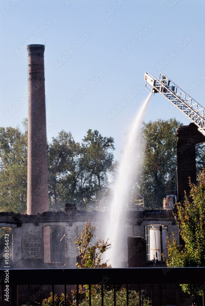 Firetruck Ladder with Water Extinguishing Fire in Building Stock Photo ...