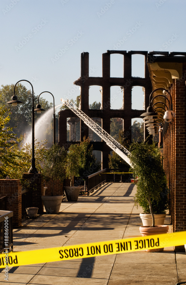 Firetruck Ladder with Water Extinguishing Fire in Building Stock Photo ...