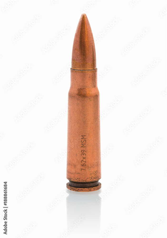Bullet of 7.62 mm caliber isolated on white background with shadow ...