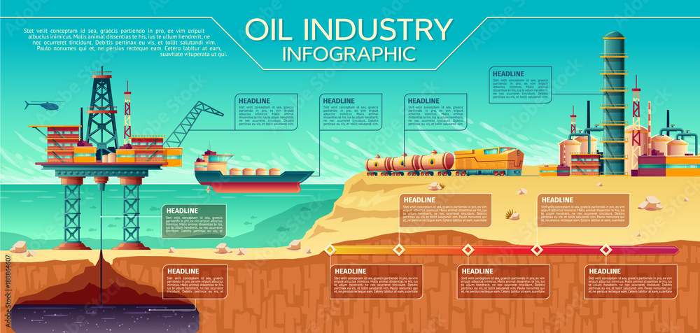 Vector oil industry business presentation infographics. Offshore crude ...