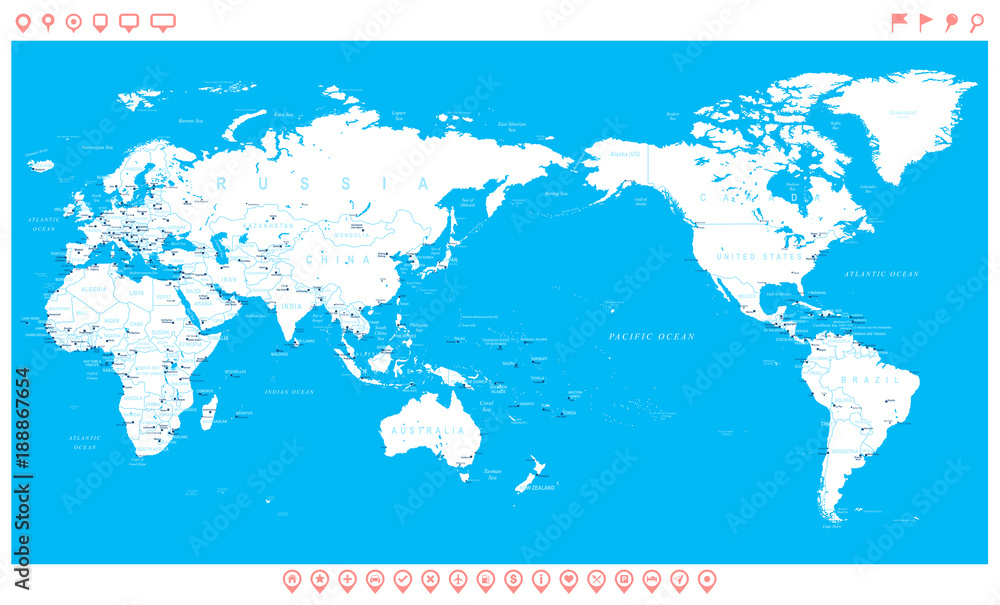 World Map White Blue - Asia in Center Stock Vector | Adobe Stock