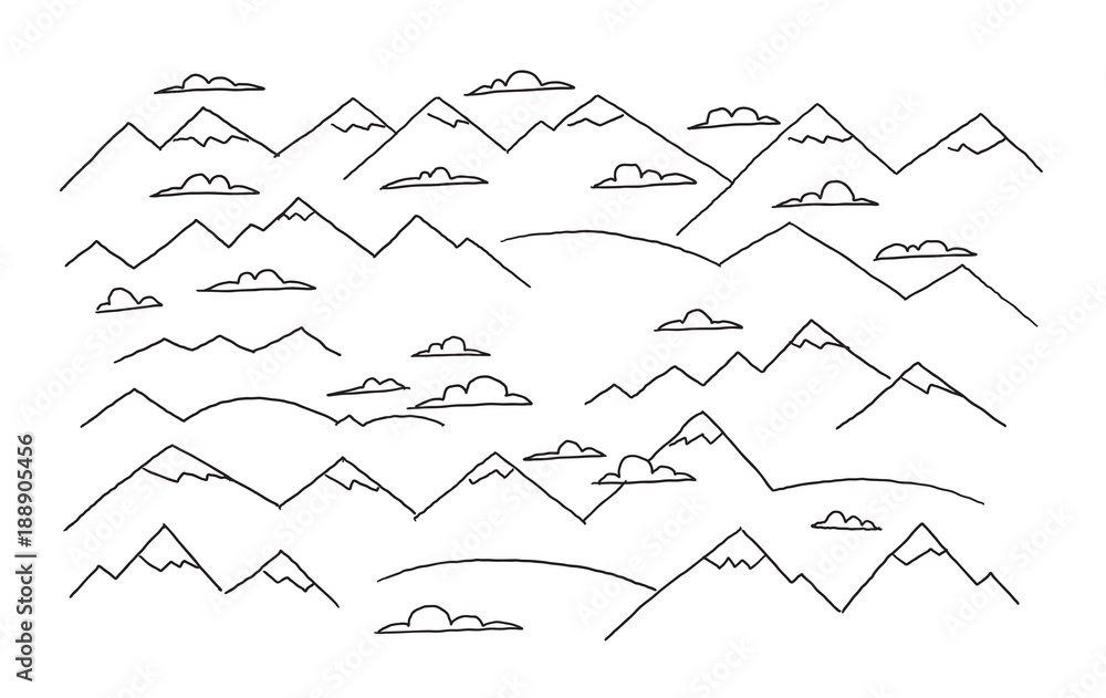 Mountains and clouds. Drawing the sketch by hand. Top view of the ...