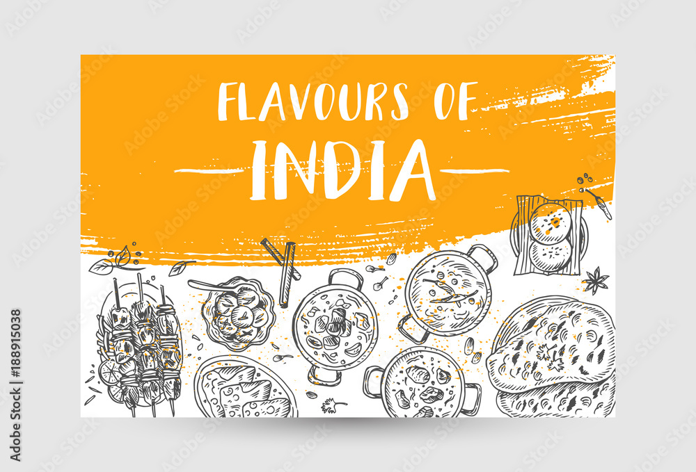 Indian food flyer design. Linear graphic. Vector illustration. Engraved ...