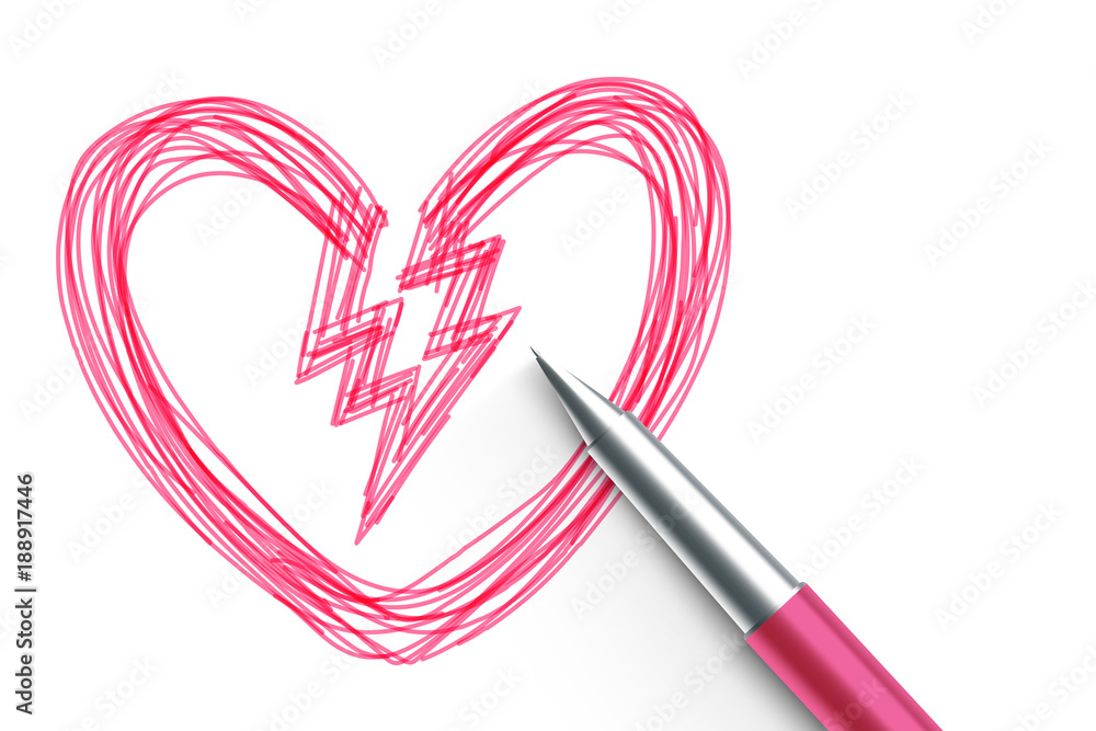 Broken Heart symbol hand drawing by pen sketch pink color, valentine ...