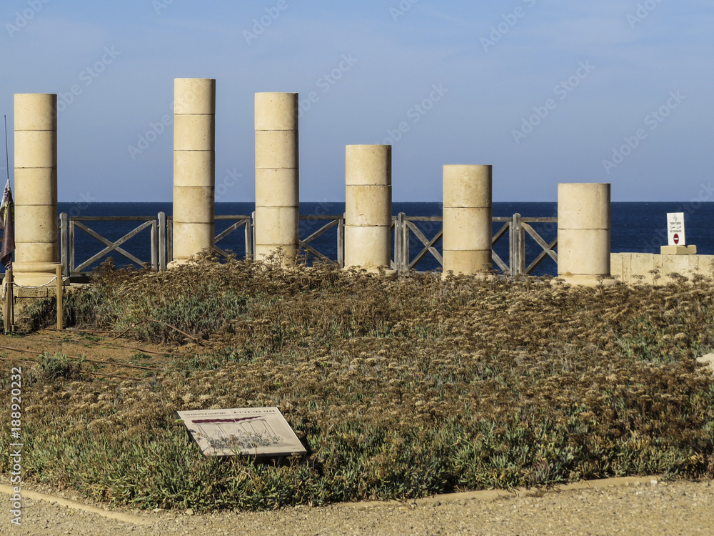 Caesarea, Israel - columns in Caesarea National Park - Ruins of ancient ...