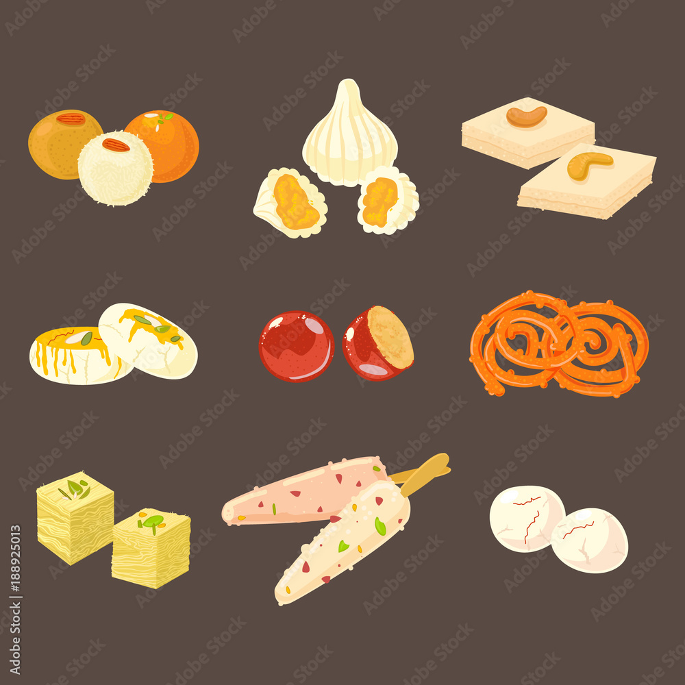 Indian traditional sweets set. Indian sweets icons isolated on dark ...